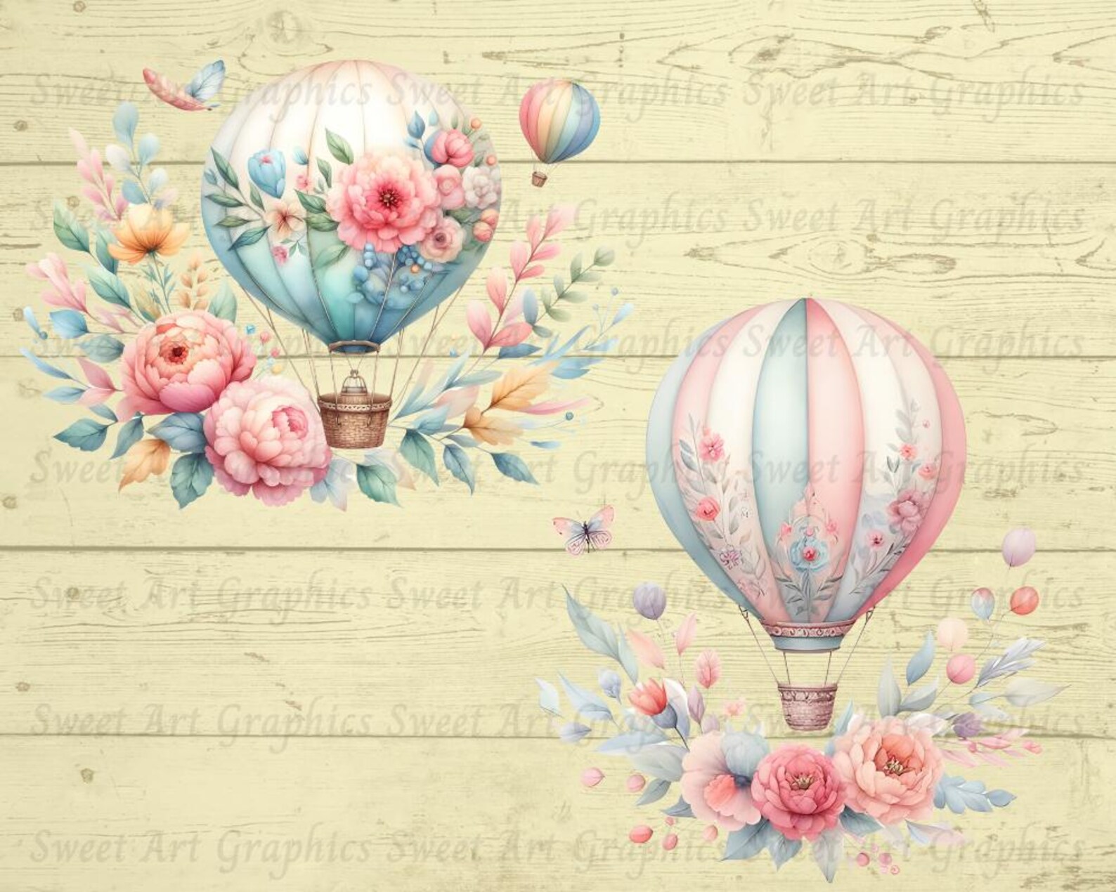 Floral Hot Air Balloon Clipart: Pastel Nursery Art (digital Download ...