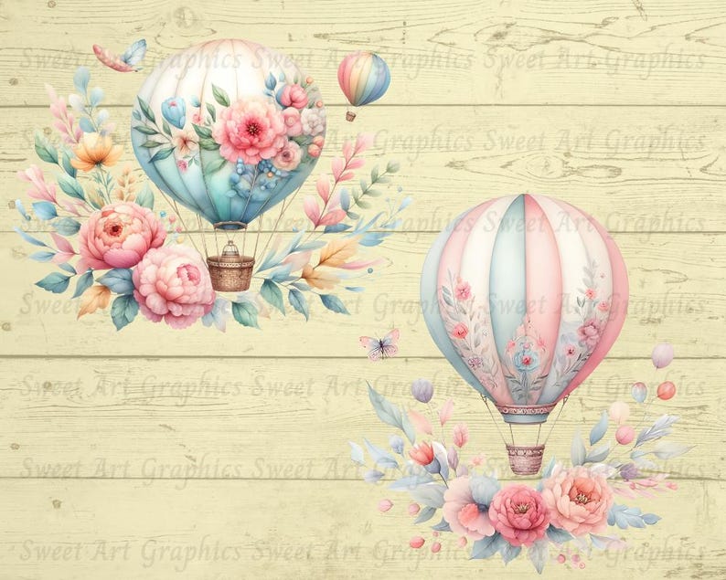 Floral Hot Air Balloon Clipart: Pastel Nursery Art (digital Download ...