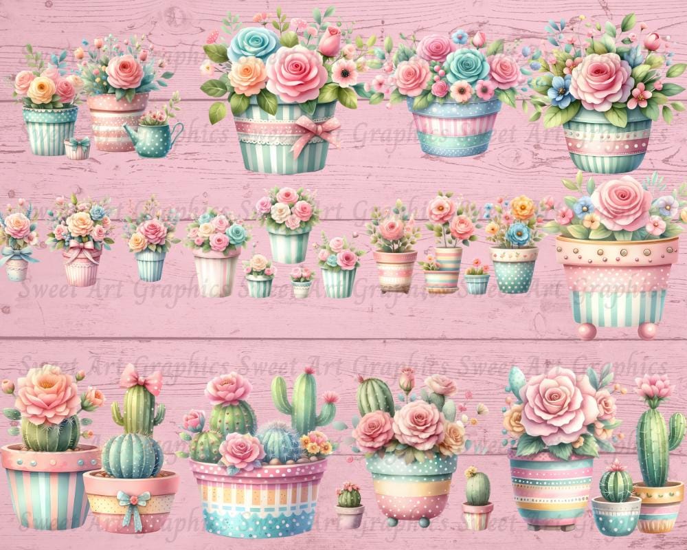 Pastel Flower Pot Clipart: Shabby Chic Floral Graphics (digital ...