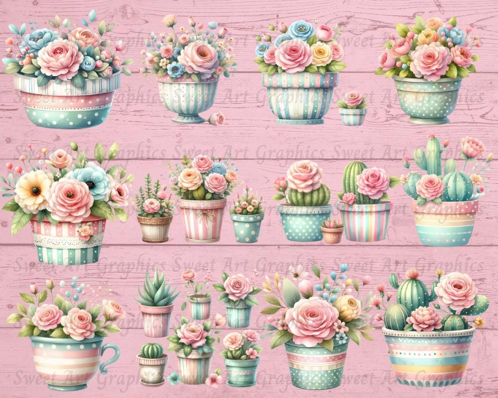 Pastel Flower Pot Clipart: Shabby Chic Floral Graphics (digital ...