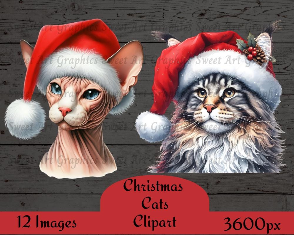 Christmas Cats Digital Clipart, Christmas Cat Cards, Christmas T-shirts ...