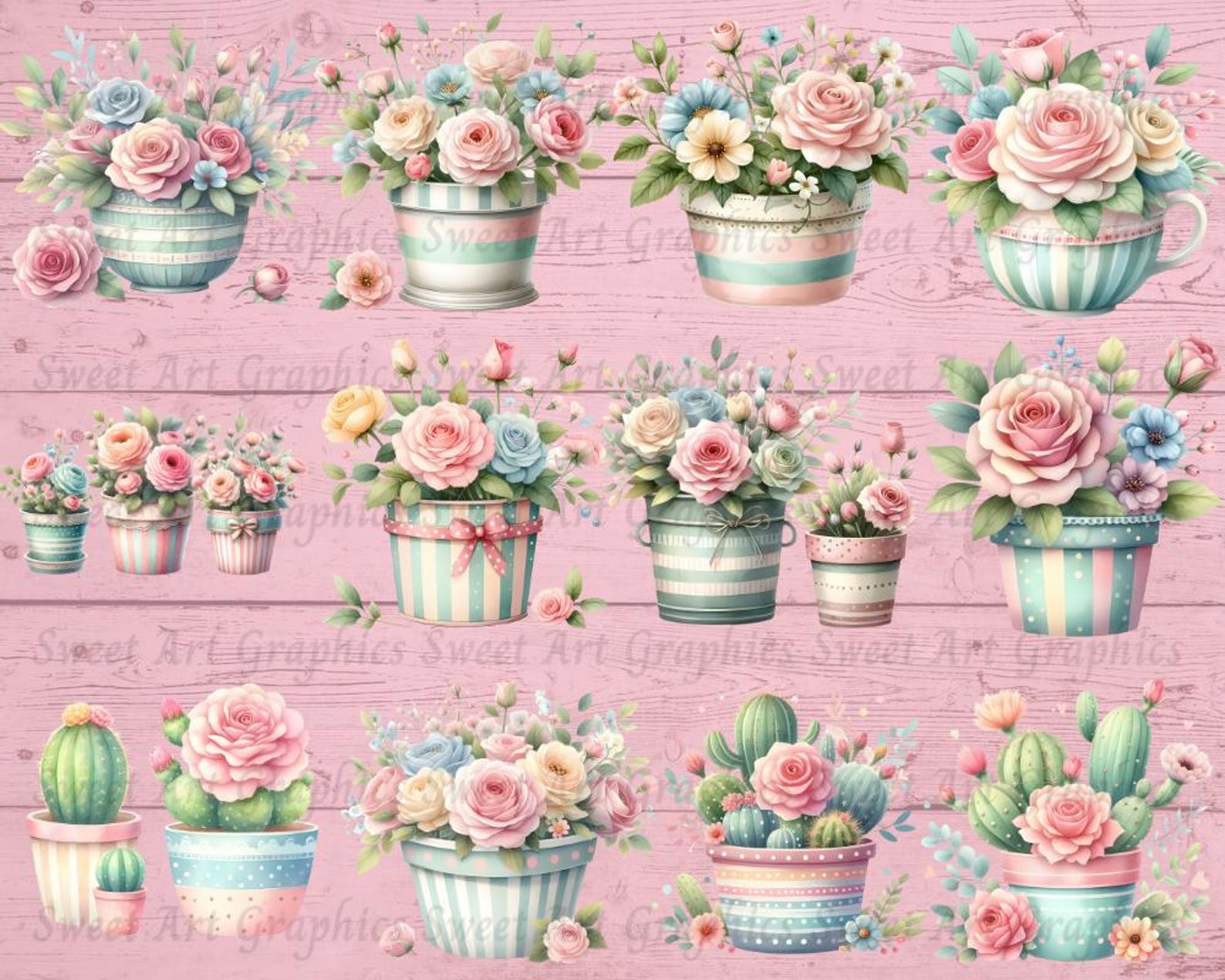 Pastel Flower Pot Clipart: Shabby Chic Floral Graphics (digital ...