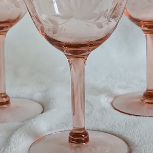 Vintage Pink Depression Glass Etched Leaves Champagne/wine Stemmed ...