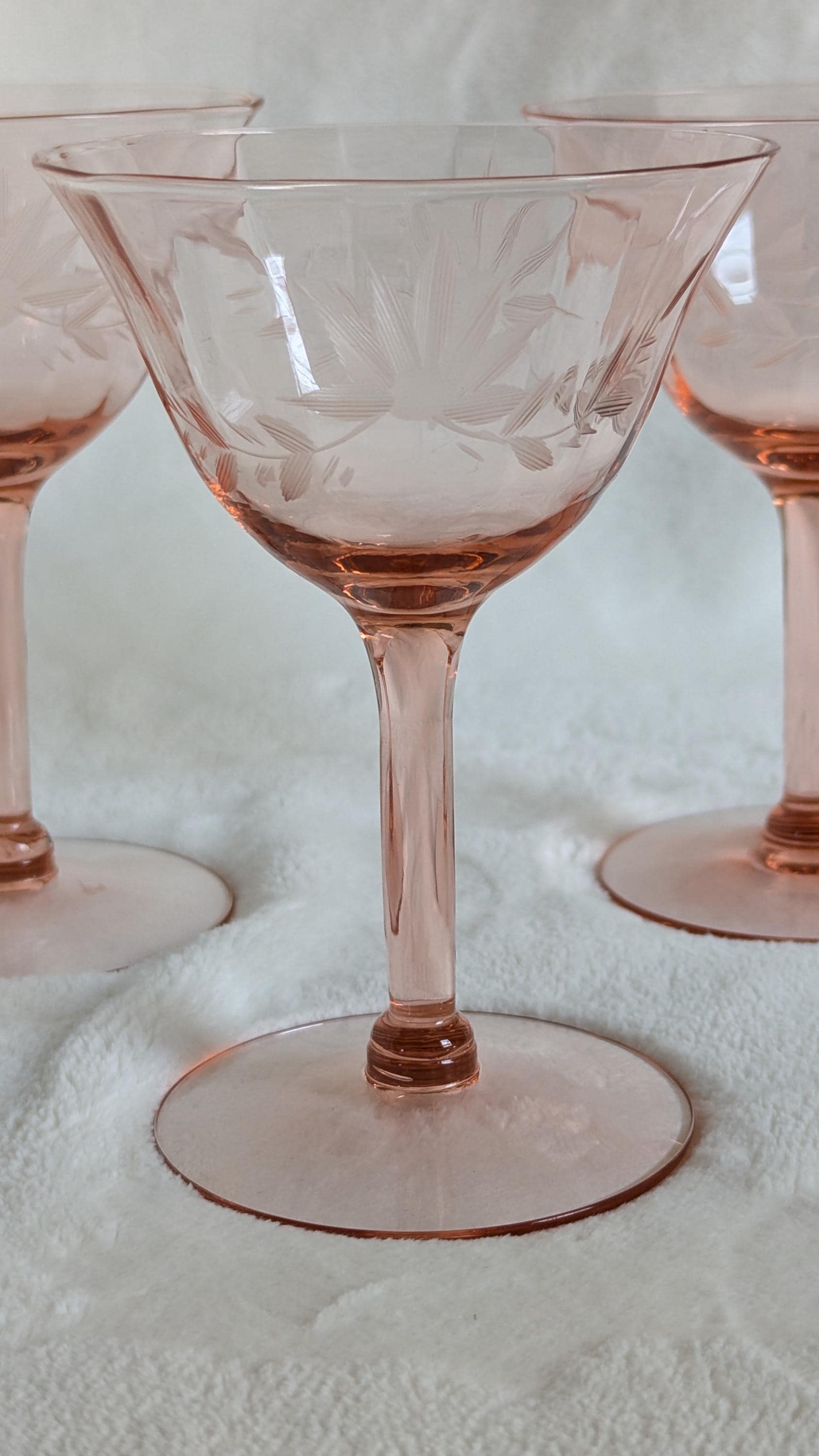 Vintage Pink Depression Glass Etched Leaves Champagne/wine Stemmed ...