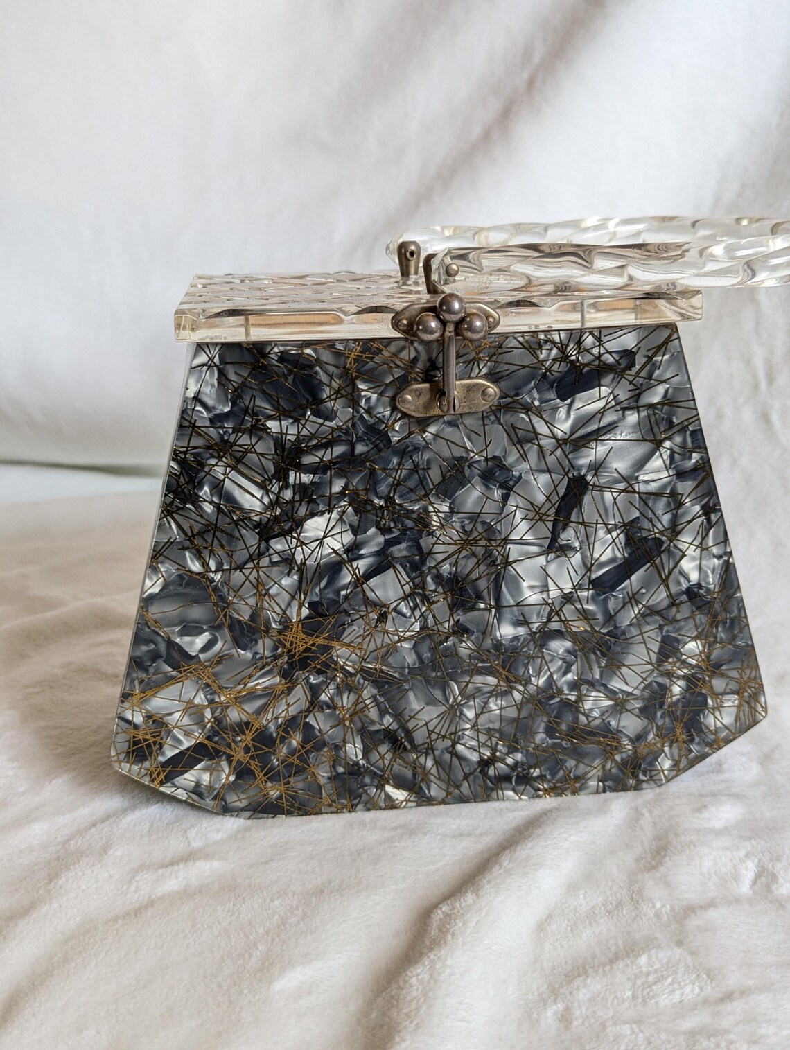 STUNNING Vintage GILLI Lucite Grey Pearlized Silver & Black With Gold ...