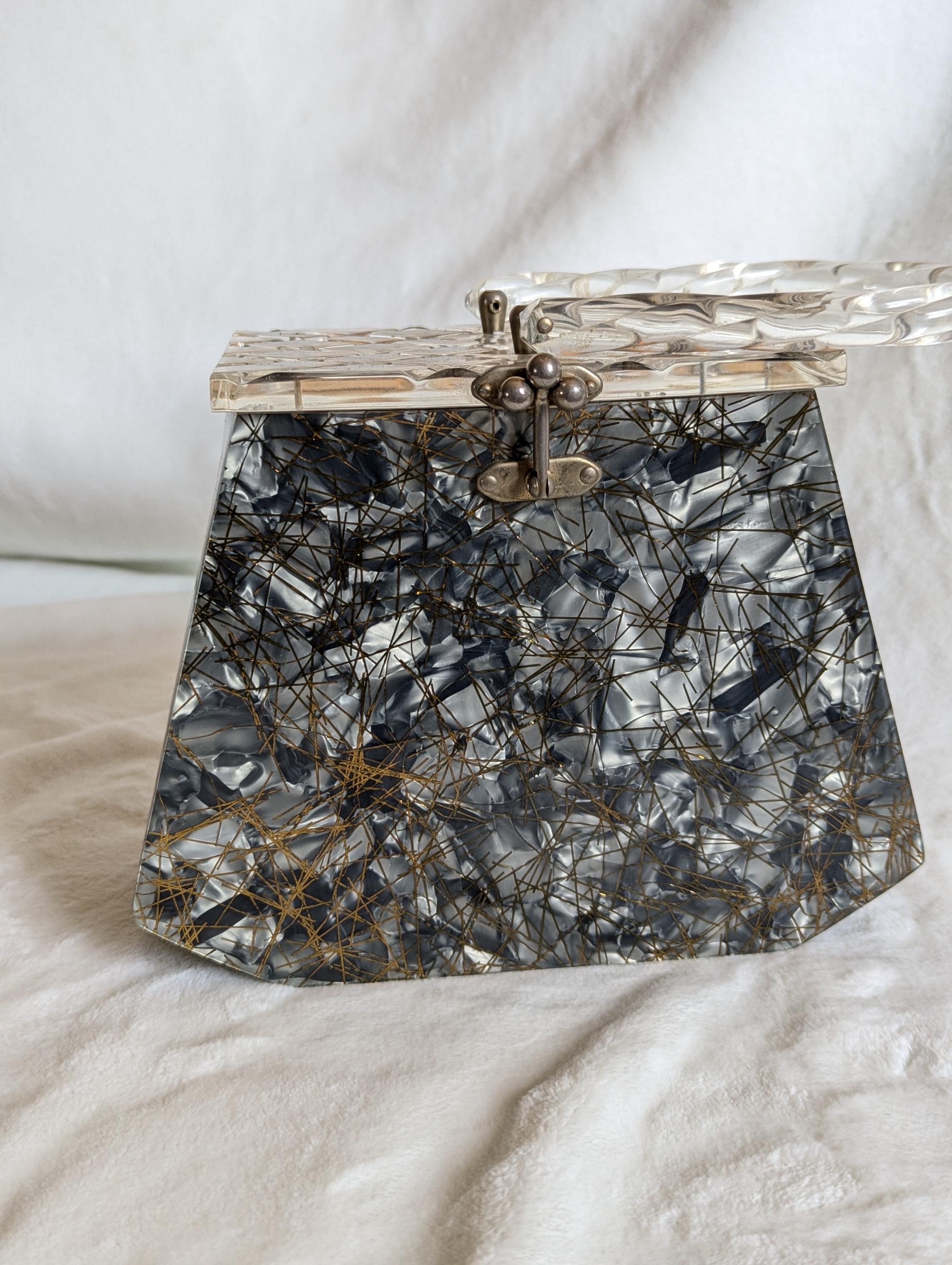 STUNNING Vintage GILLI Lucite Grey Pearlized Silver & Black With Gold ...