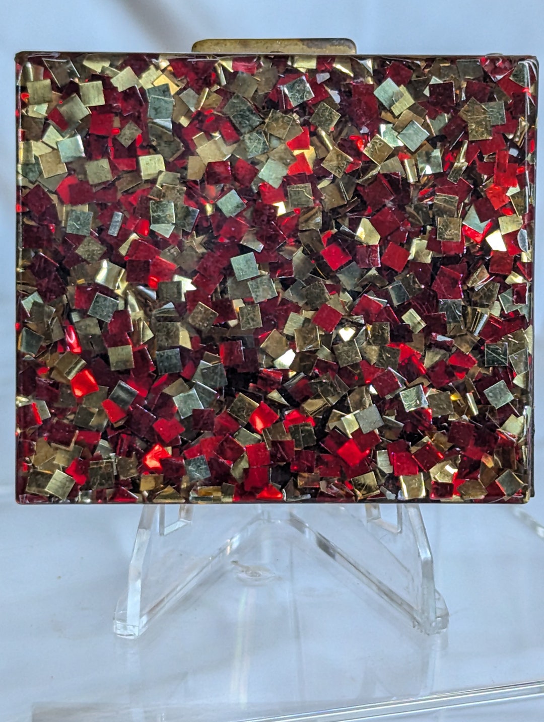 GORGEOUS Vintage Lucite Red & Gold Confetti Make-up Mirror Compact - Etsy
