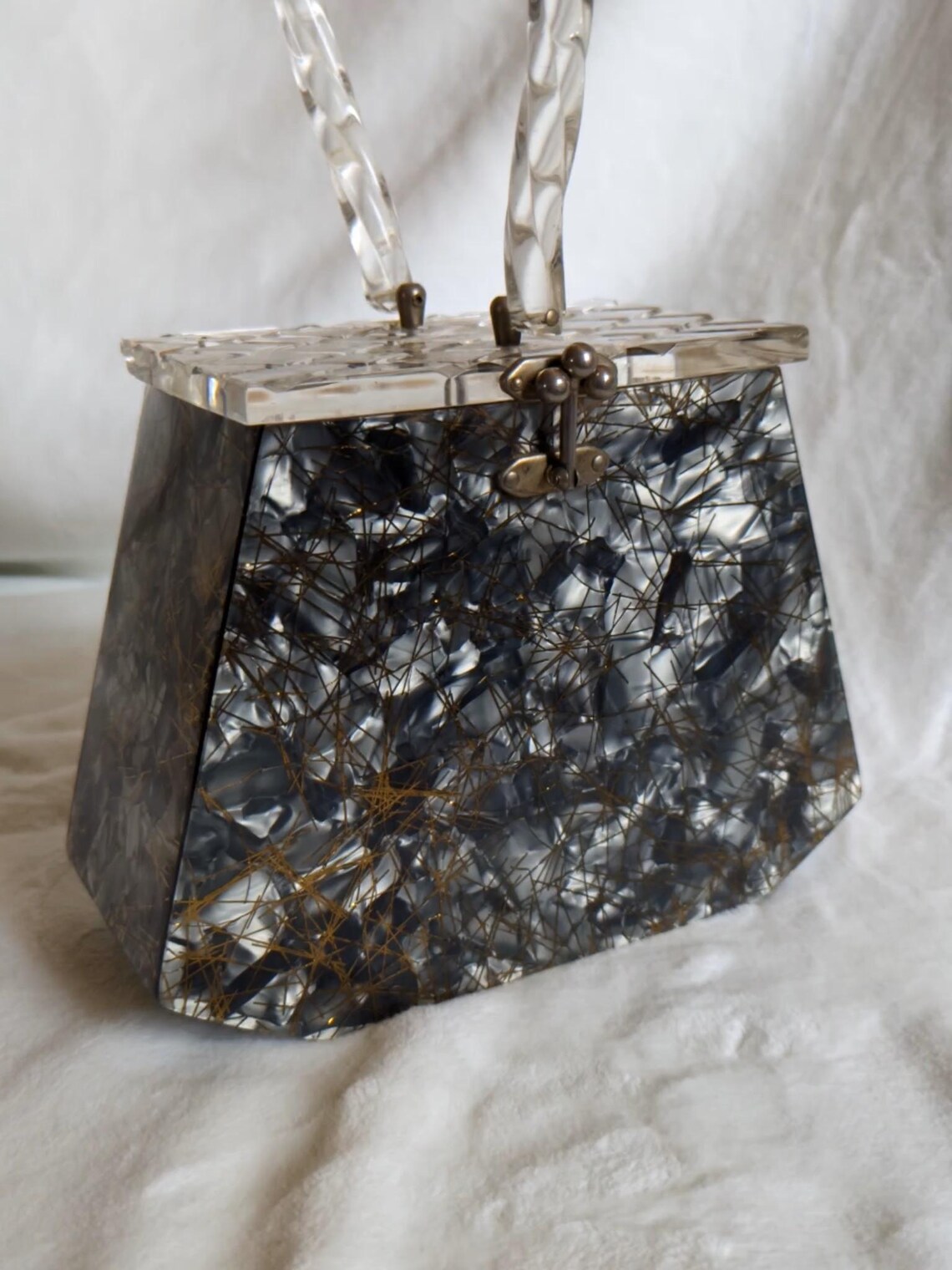 STUNNING Vintage GILLI Lucite Grey Pearlized Silver & Black With Gold ...
