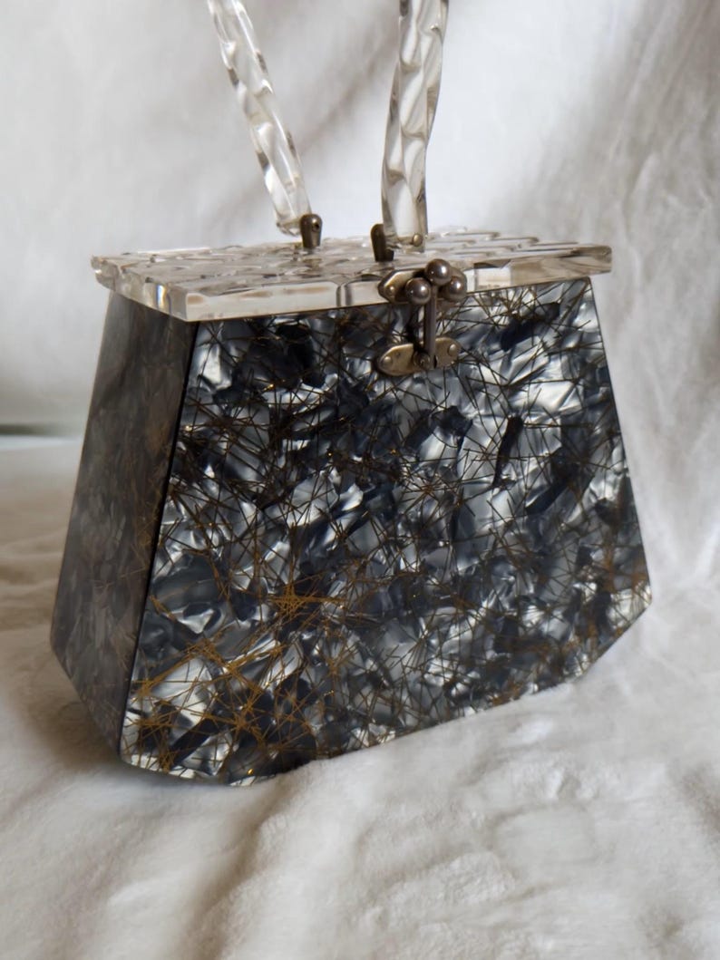 STUNNING Vintage GILLI Lucite Grey Pearlized Silver & Black With Gold ...
