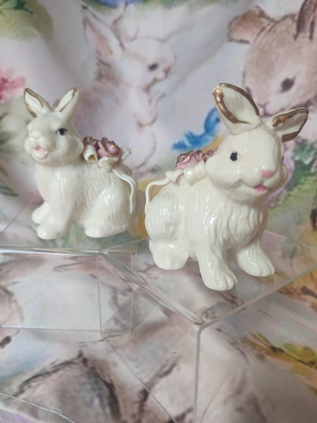 Vintage Beautiful White Rabbits With Pink Roses and Ribbons and Gold ...