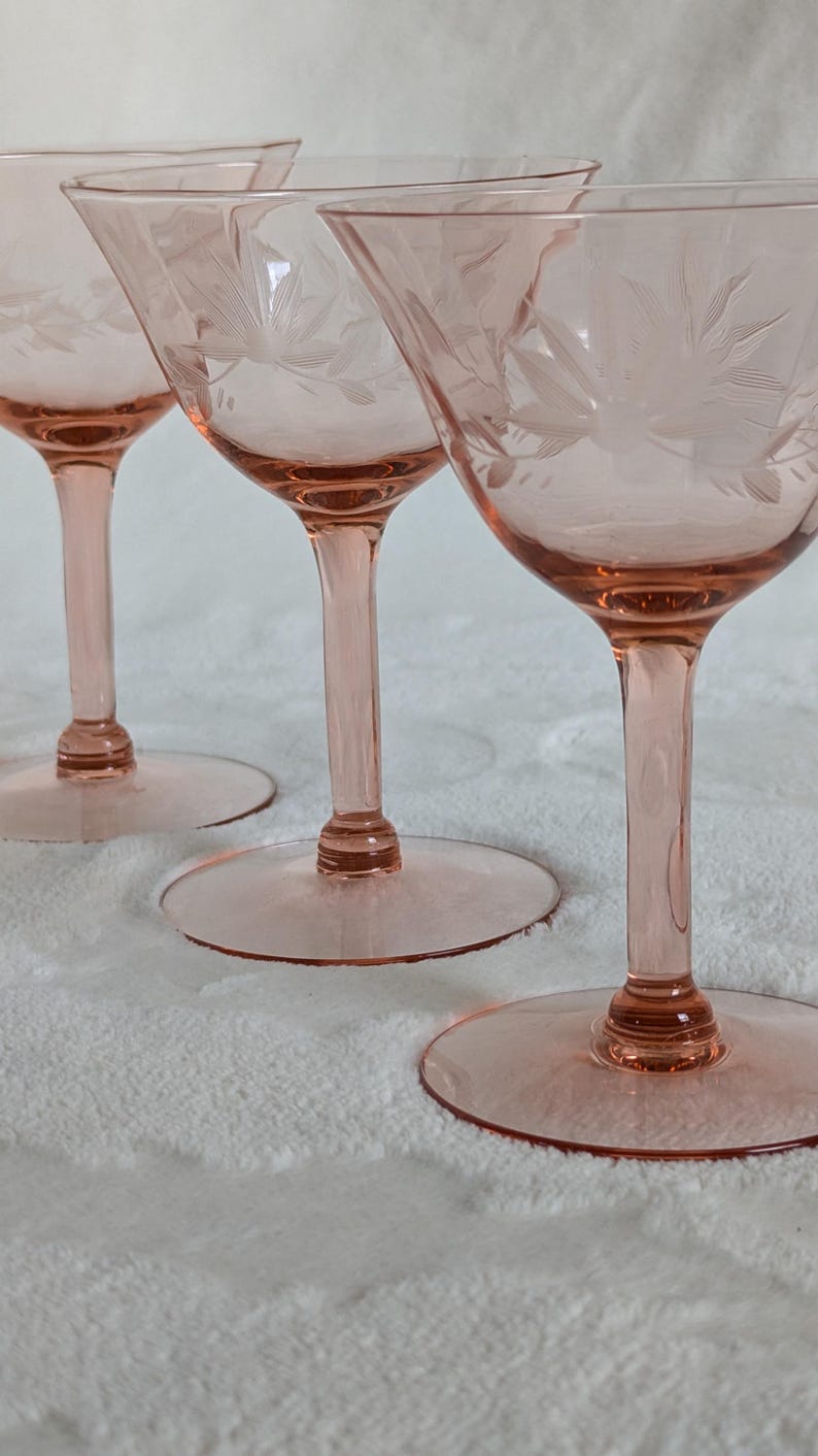 Vintage Pink Depression Glass Etched Leaves Champagne/wine Stemmed ...