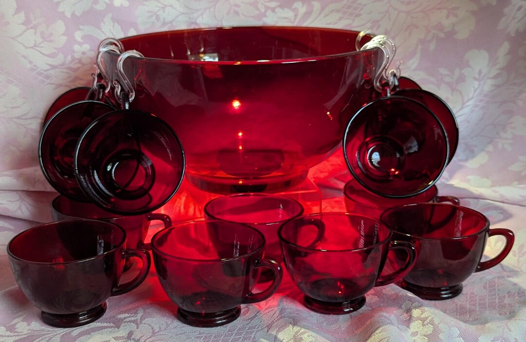 Vintage Anchor Hocking Royal Ruby Red Depression Glass Punch Bowl With ...
