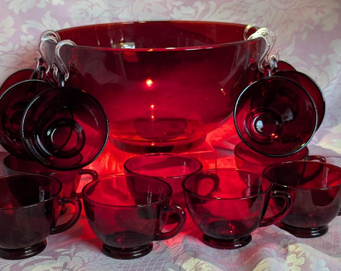Vintage Anchor Hocking Royal Ruby Red Depression Glass Punch Bowl With ...
