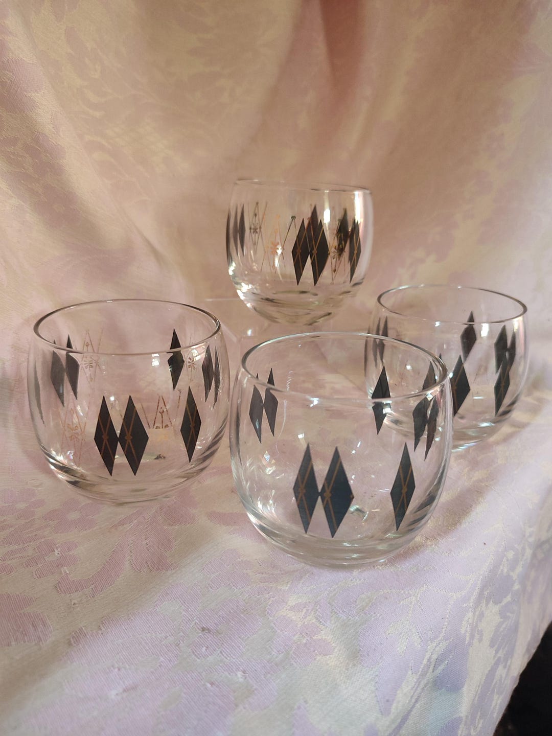 Vintage MCM Federal Glass Black & Gold Harlequin Roly Poly Glasses Set ...