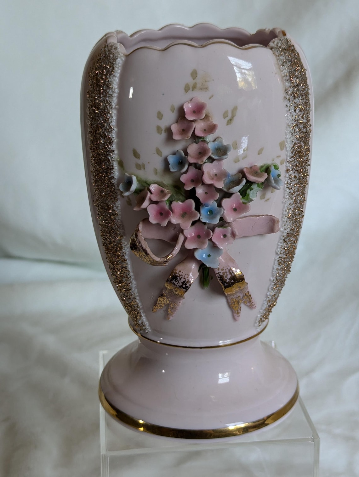 Vintage 1940's Lefton Japan Pink China Large Size 7 Vase With Applied ...