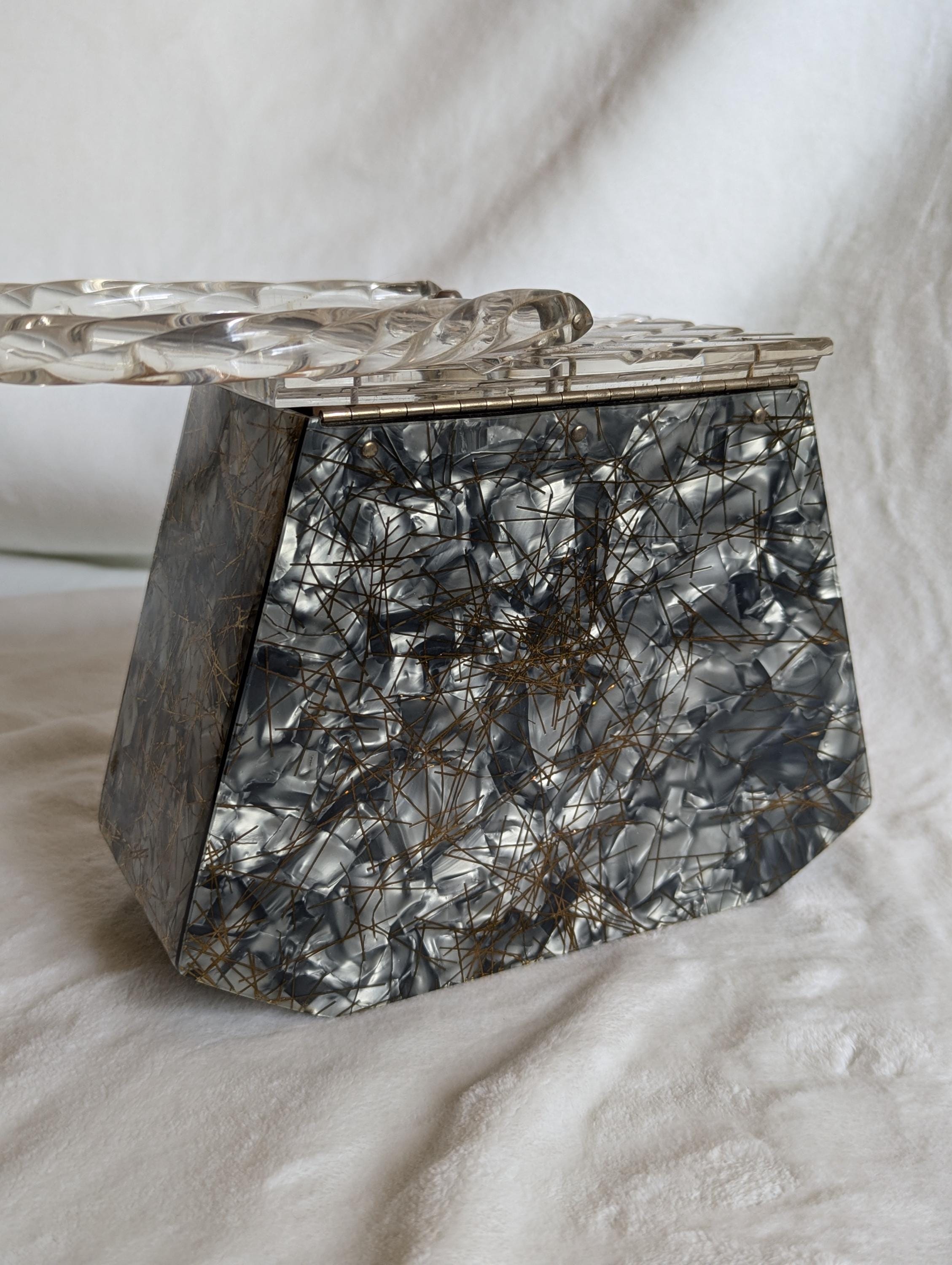 STUNNING Vintage GILLI Lucite Grey Pearlized Silver & Black With Gold ...