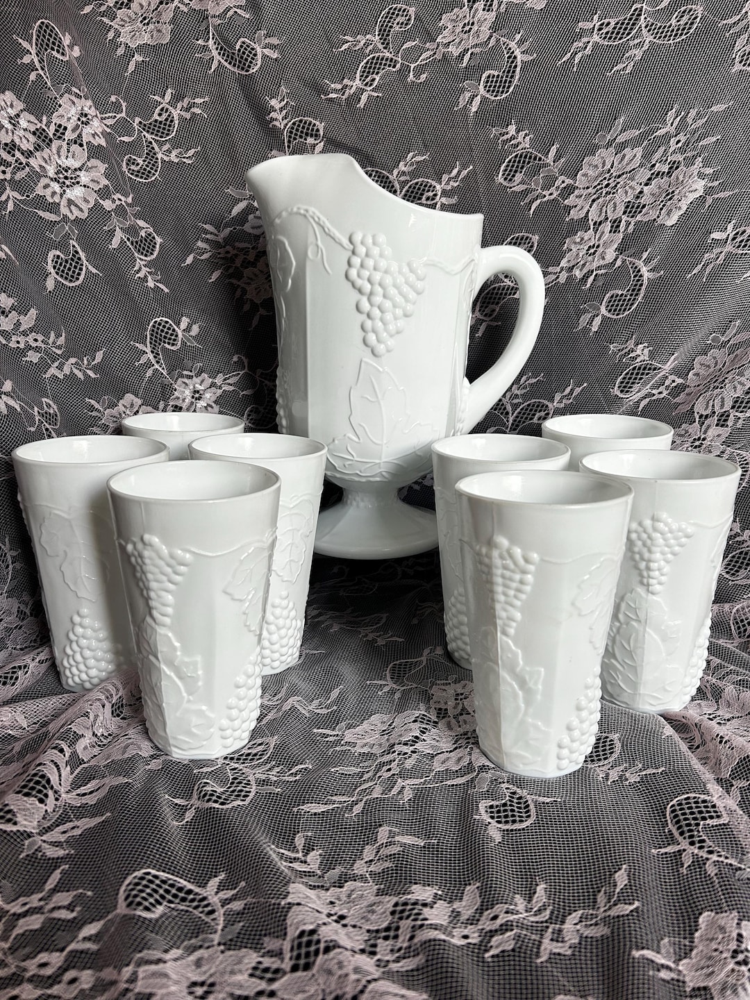 Vintage Indiana Glass Colony Harvest Grape Milk Glass Pitcher and 8 ...