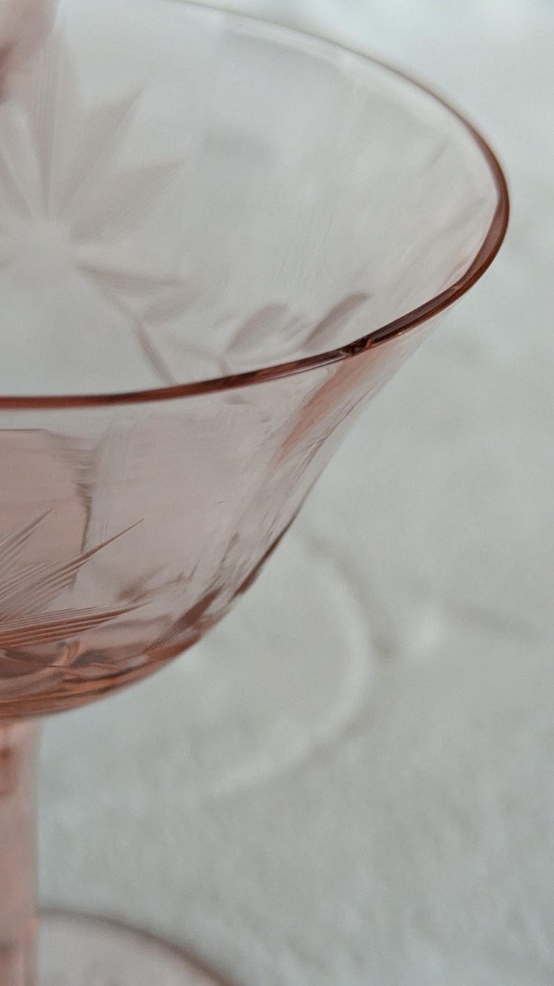 Vintage Pink Depression Glass Etched Leaves Champagne/wine Stemmed ...