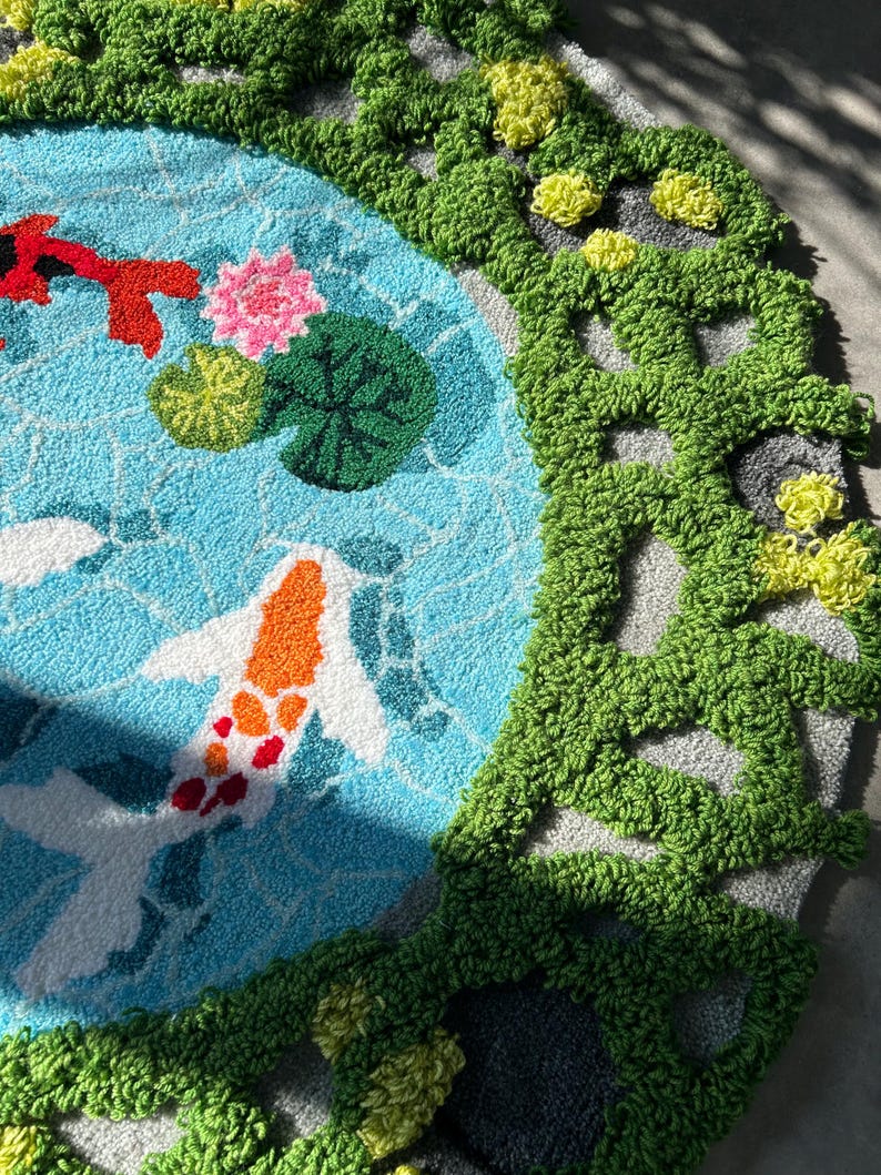 Fish Koi in the Pond Rug, Fluffy Natural Rug, Handmade Custom 3D Carpet ...