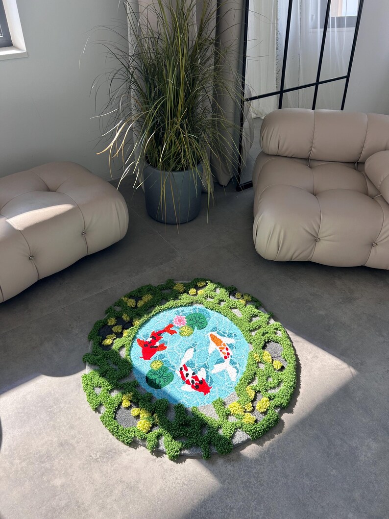 Fish Koi in the Pond Rug, Fluffy Natural Rug, Handmade Custom 3D Carpet ...