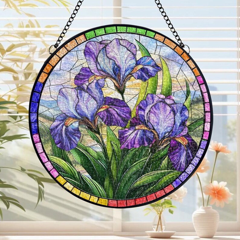 Purple Iris Window Stained Glass Suncatcher – Elegant Iris Flower ...