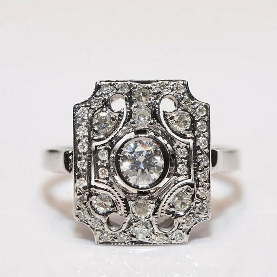 Vintage Inspired Ring, Bezel Set Round Moissanite Diamond Art Deco ...