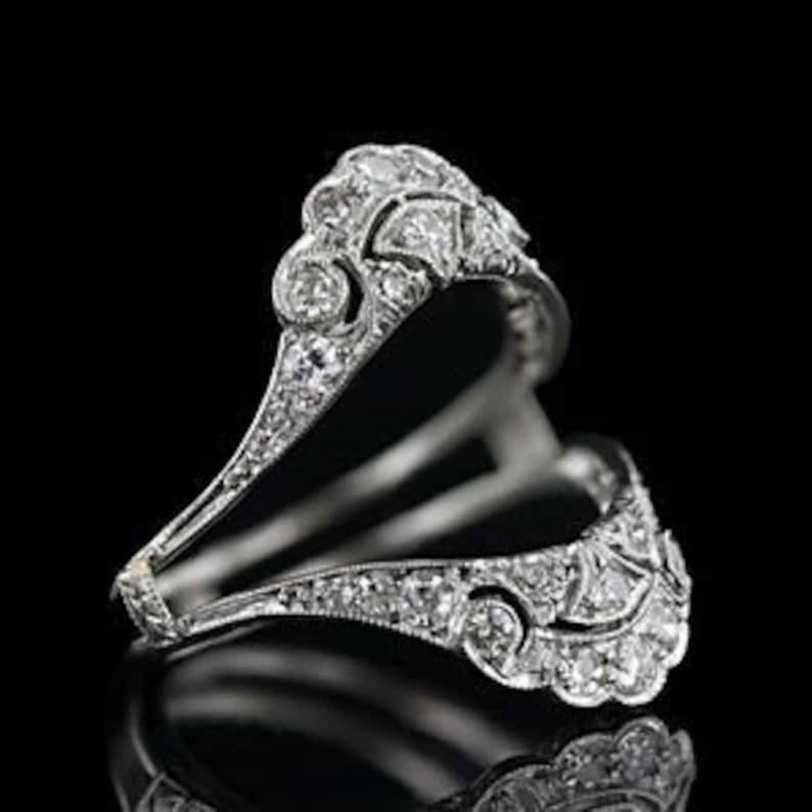Victorian Enhancer Guard Ring, Round Moissanite Diamond Art Deco Band ...