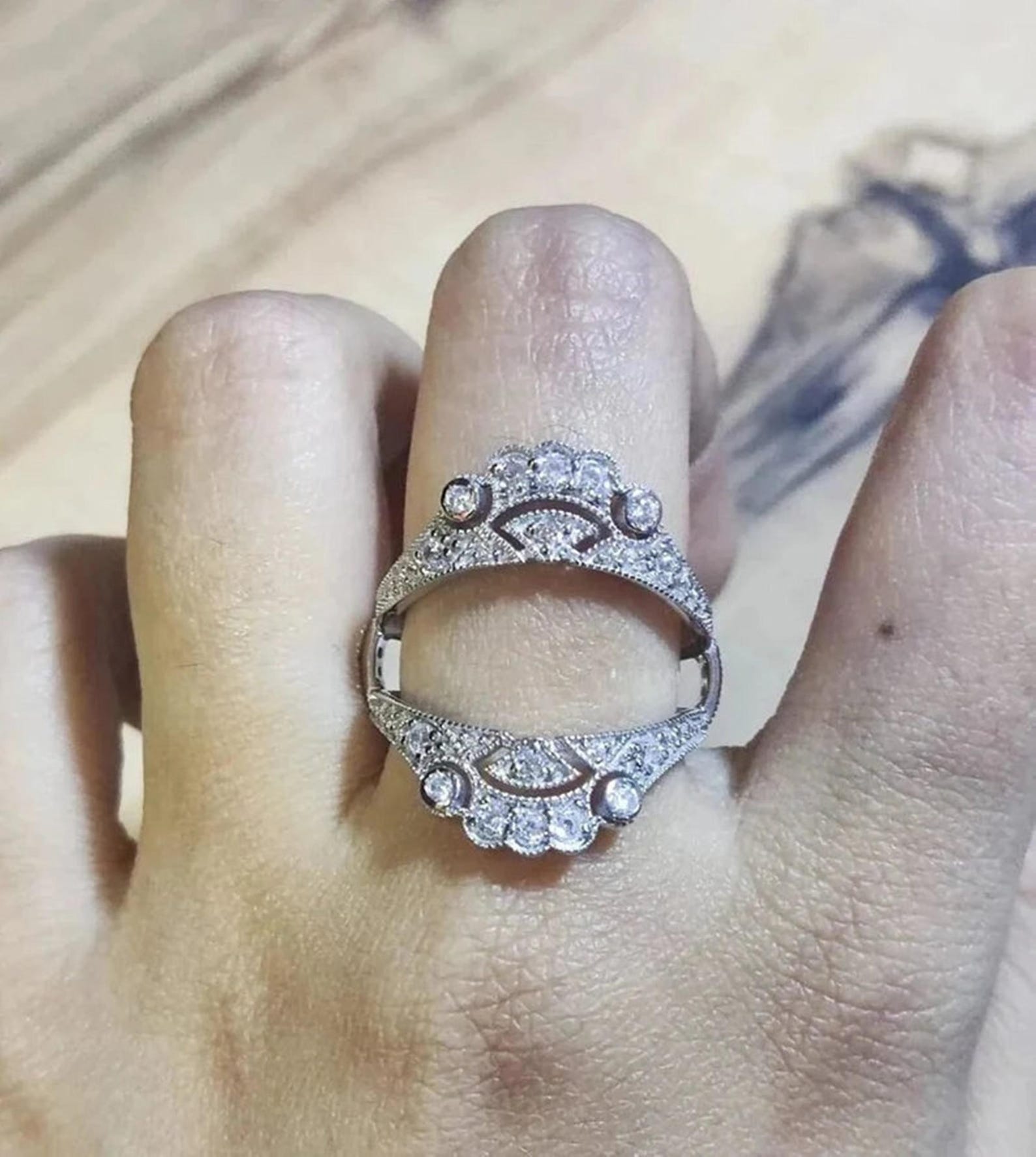 Victorian Enhancer Guard Ring, Round Moissanite Diamond Art Deco Band ...