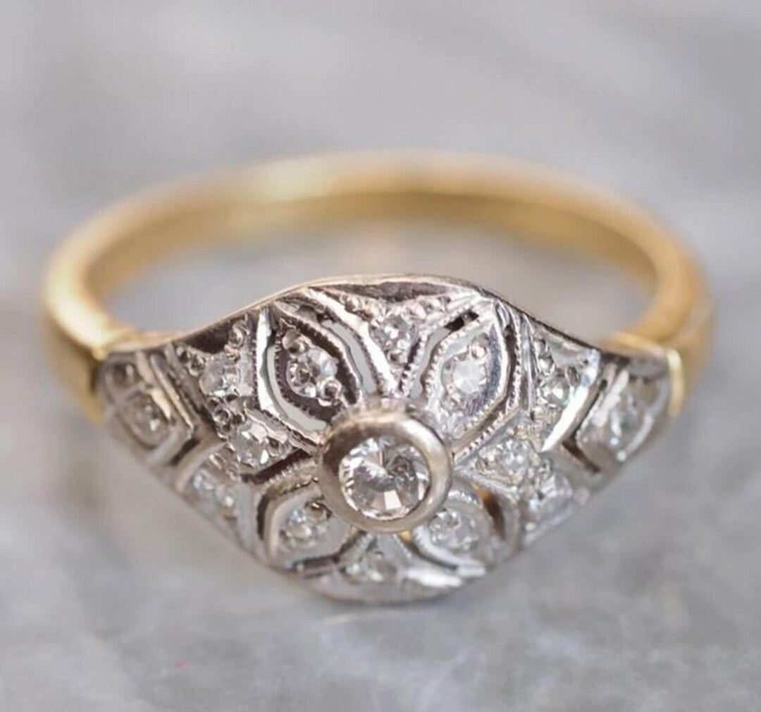 Antique Art Deco Floral Style Ring, Vintage Look Filigree Ring, Round ...