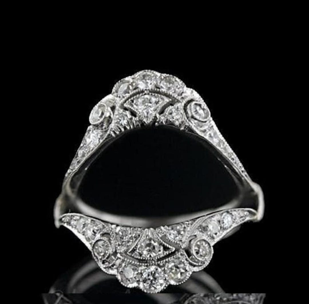 Victorian Enhancer Guard Ring, Round Moissanite Diamond Art Deco Band ...