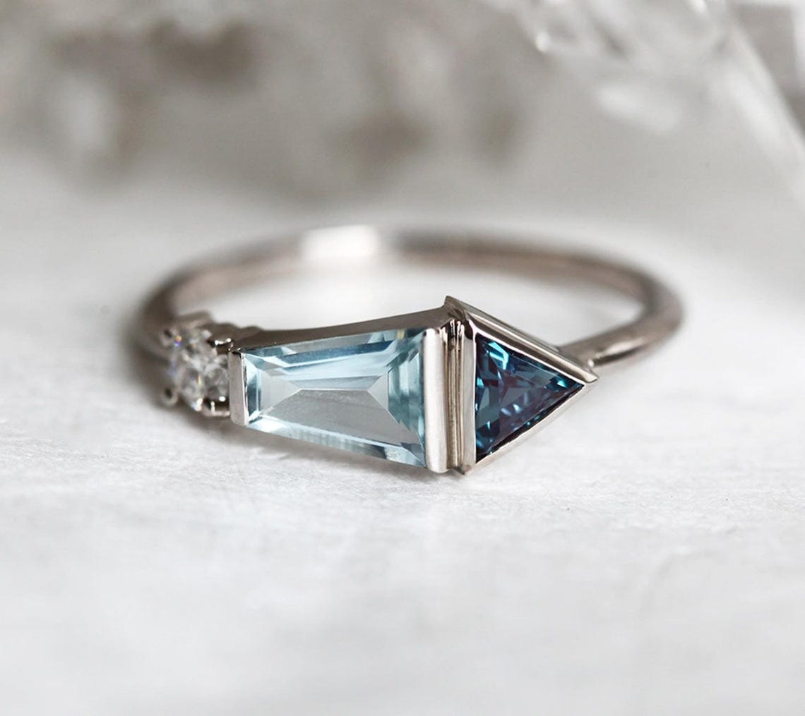Antique Trilogy Ring, Three Stone Engagement Ring, Aquamarine Tapper ...
