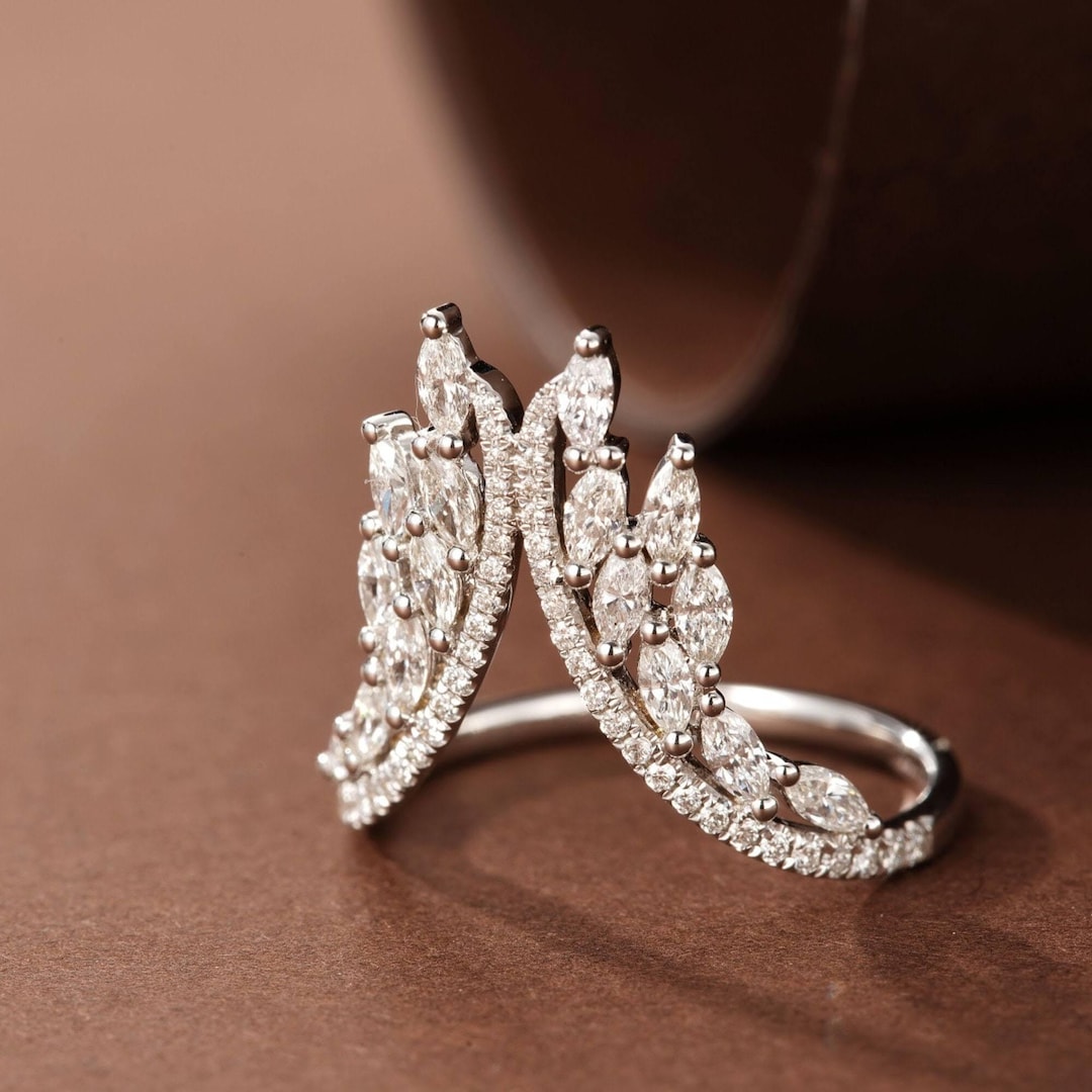 Deep V Shape Crown Style Ring, Marquise & Round Cut Moissanite Diamond ...