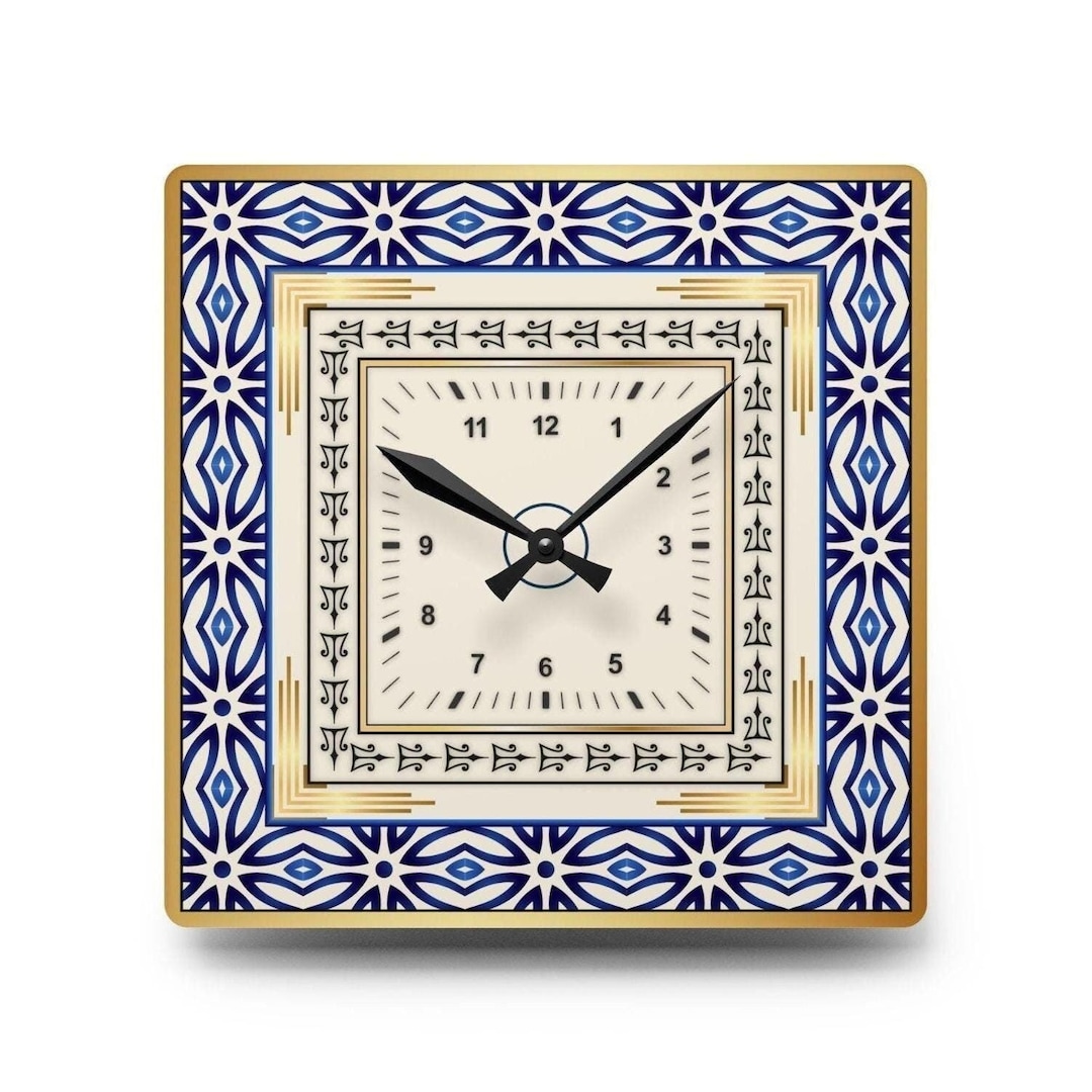Moroccan Tile-inspired Wall Clock, Blue and Gold Square Acrylic Clock ...