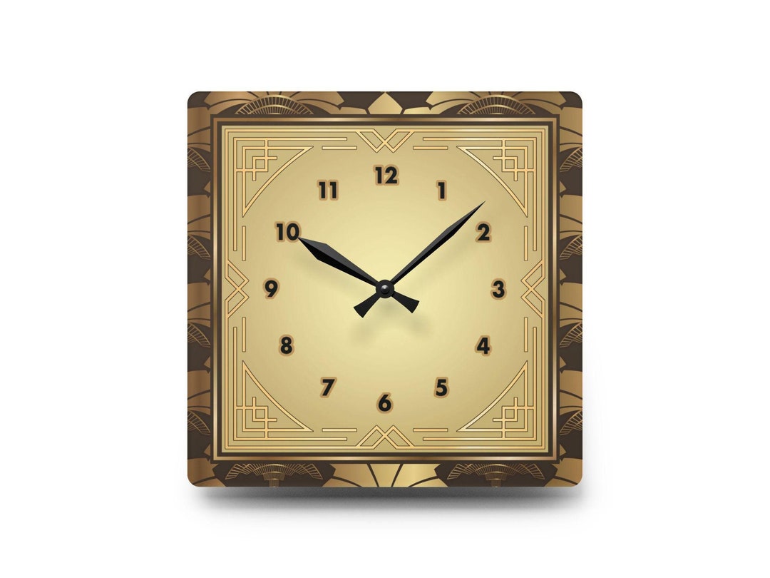 Elegant Espresso Art Deco Wall Clock, Vintage Square Clock With Golden ...