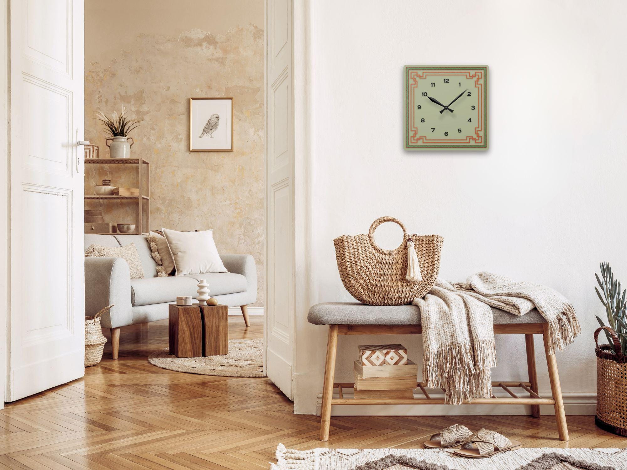 Vintage-inspired Sage Green Wall Clock, Geometric Art Deco Clock With ...