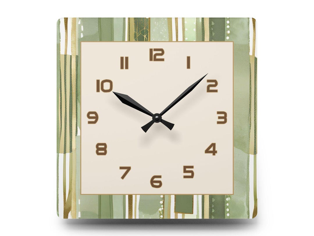 Sage Green Abstract Wall Clock, Modern Square Clock With Gold Accents ...