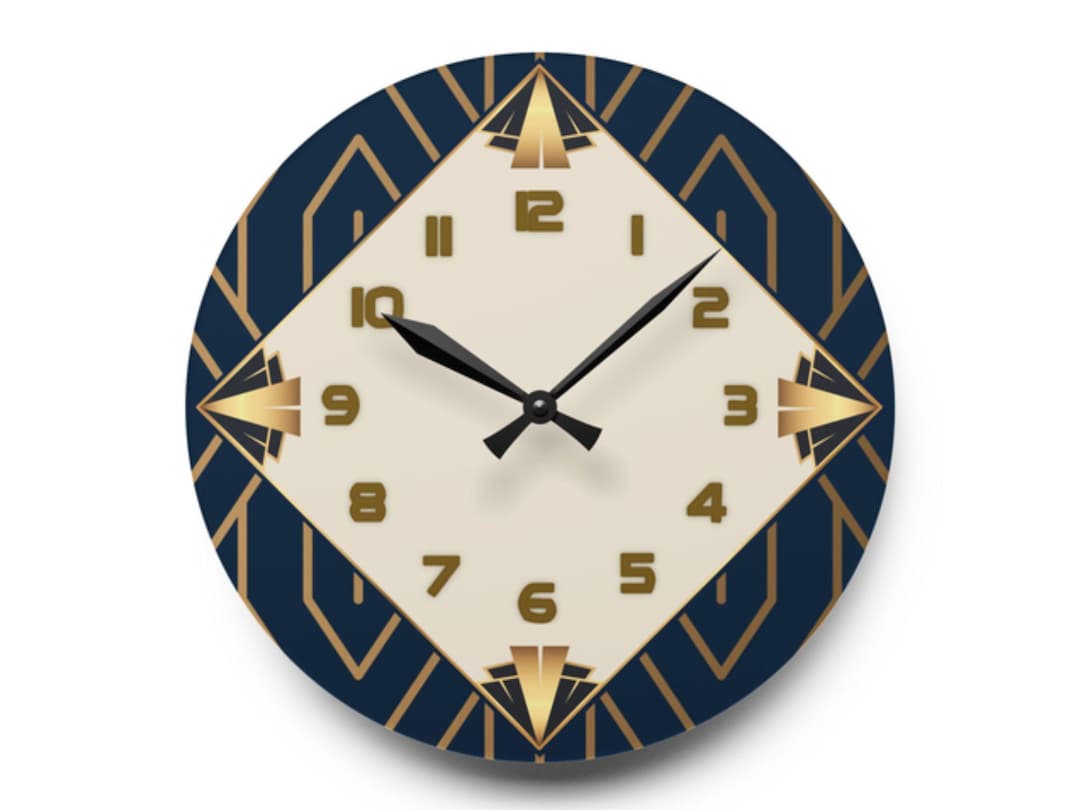Art Deco Round Wall Clock Navy & Gold Circle Clock Geometric Elegant ...
