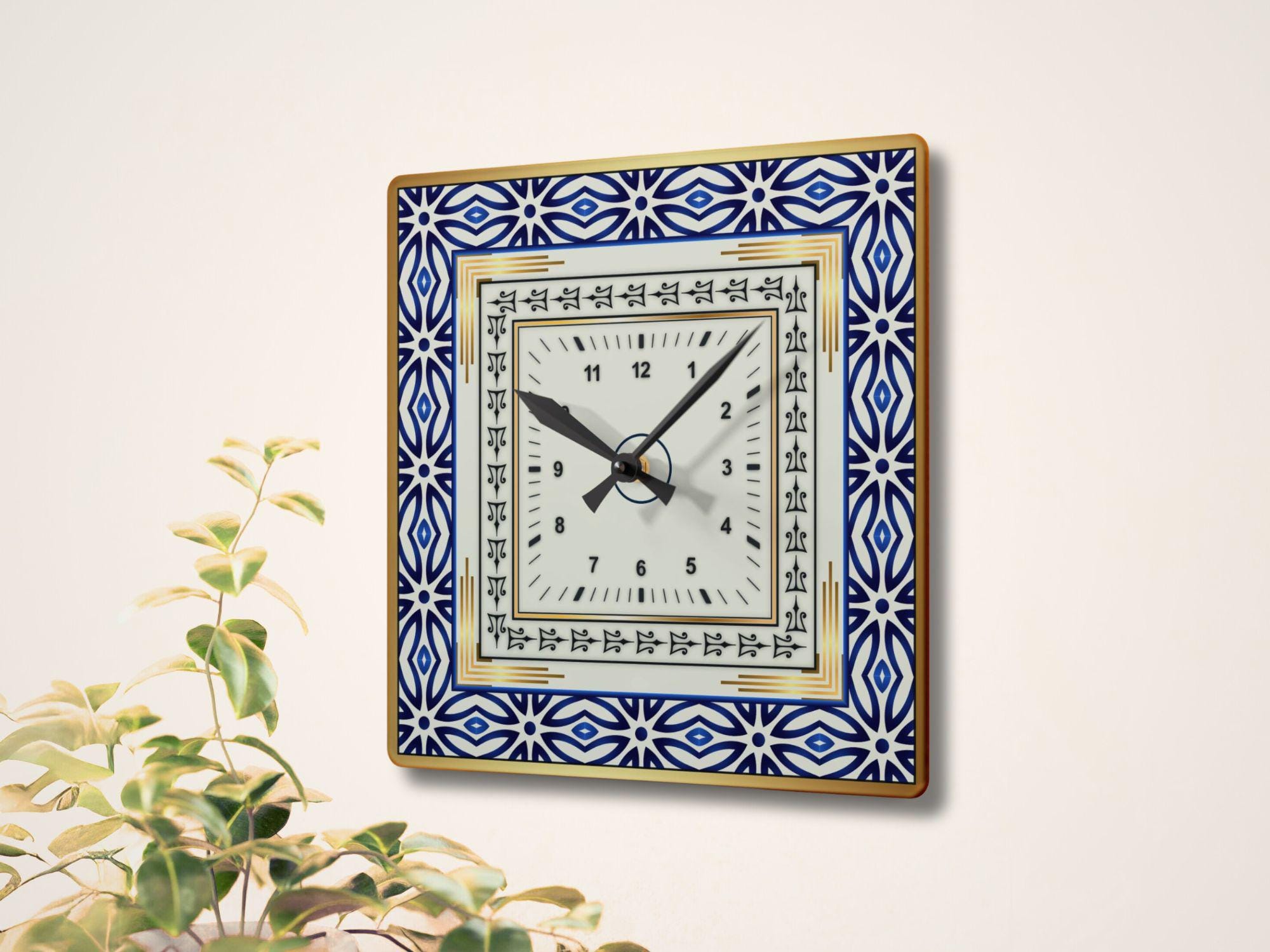 Moroccan Tile-inspired Wall Clock, Blue and Gold Square Acrylic Clock ...