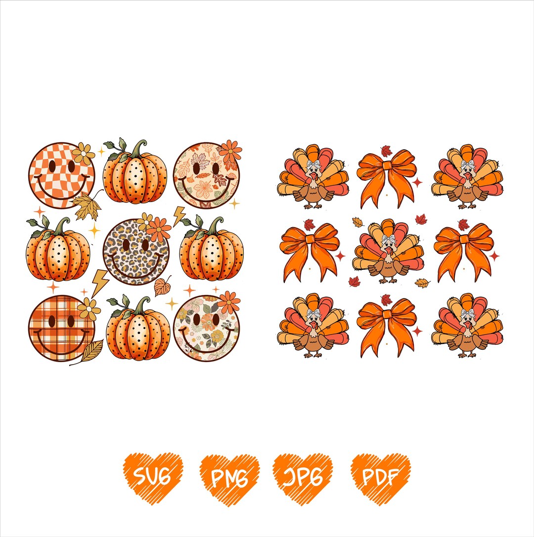 Retro Thanksgiving Turkey Svg Png, Retro Fall Pumpkin Bow Png, Fall ...