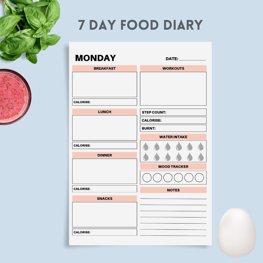 7 Day Food Diary Printable, Fitness Tracker, Water Intake, Mood ...