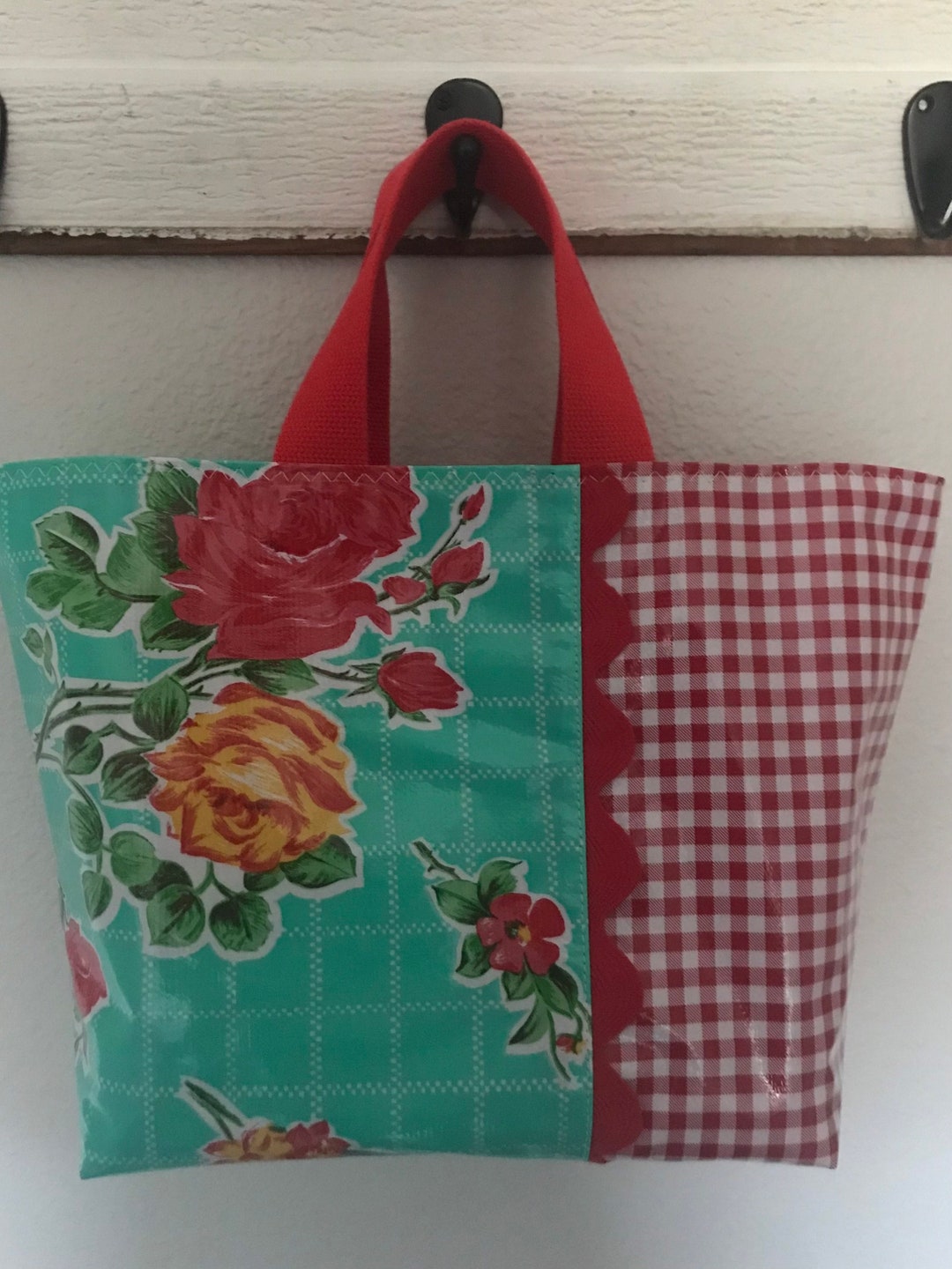 Beth's Aqua Vintage Rose Red Rick Rack Oilcloth Market Bag - Etsy