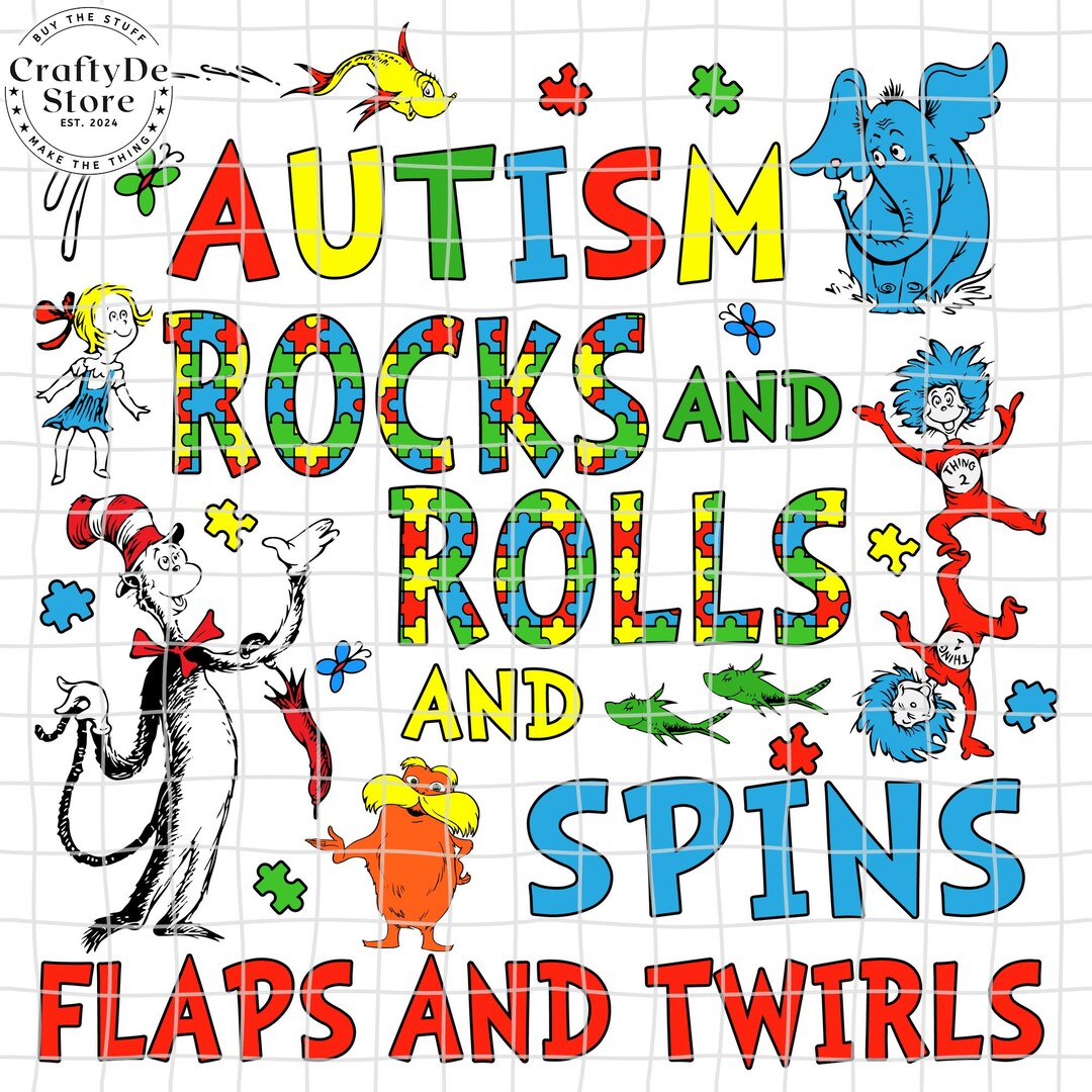 Autism Rocks and Rolls Dr Susess Day Png, Cat the Hat, Dr Susess Puzzle ...