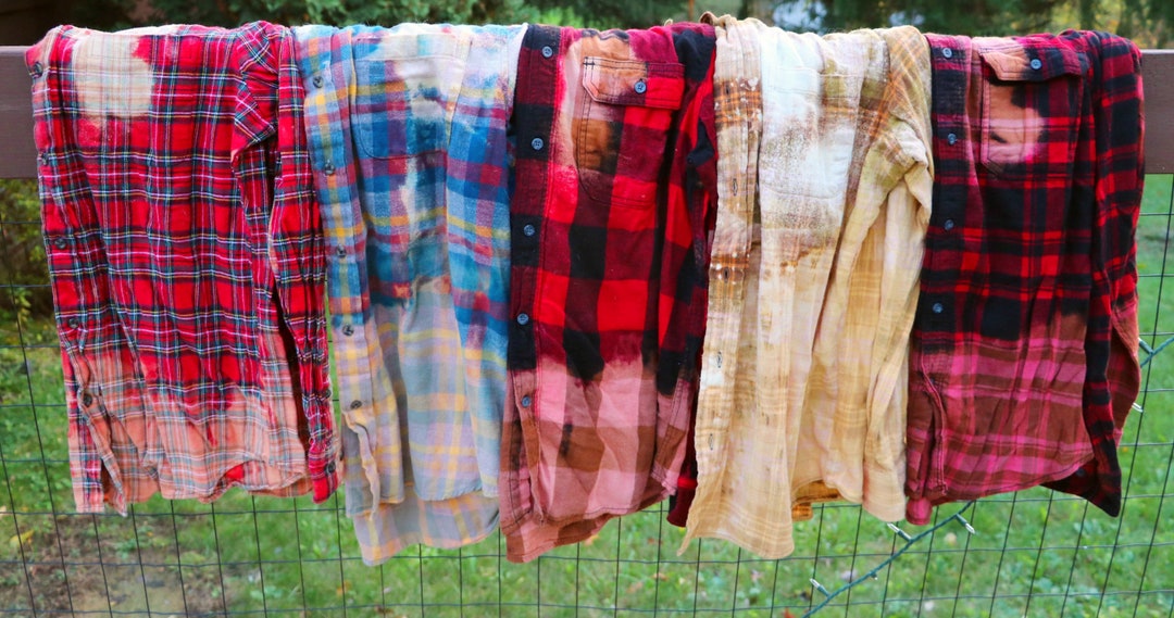 Bleached Grunge Flannel Shirts, Distressed Red Plaid Flannel Shirt ...