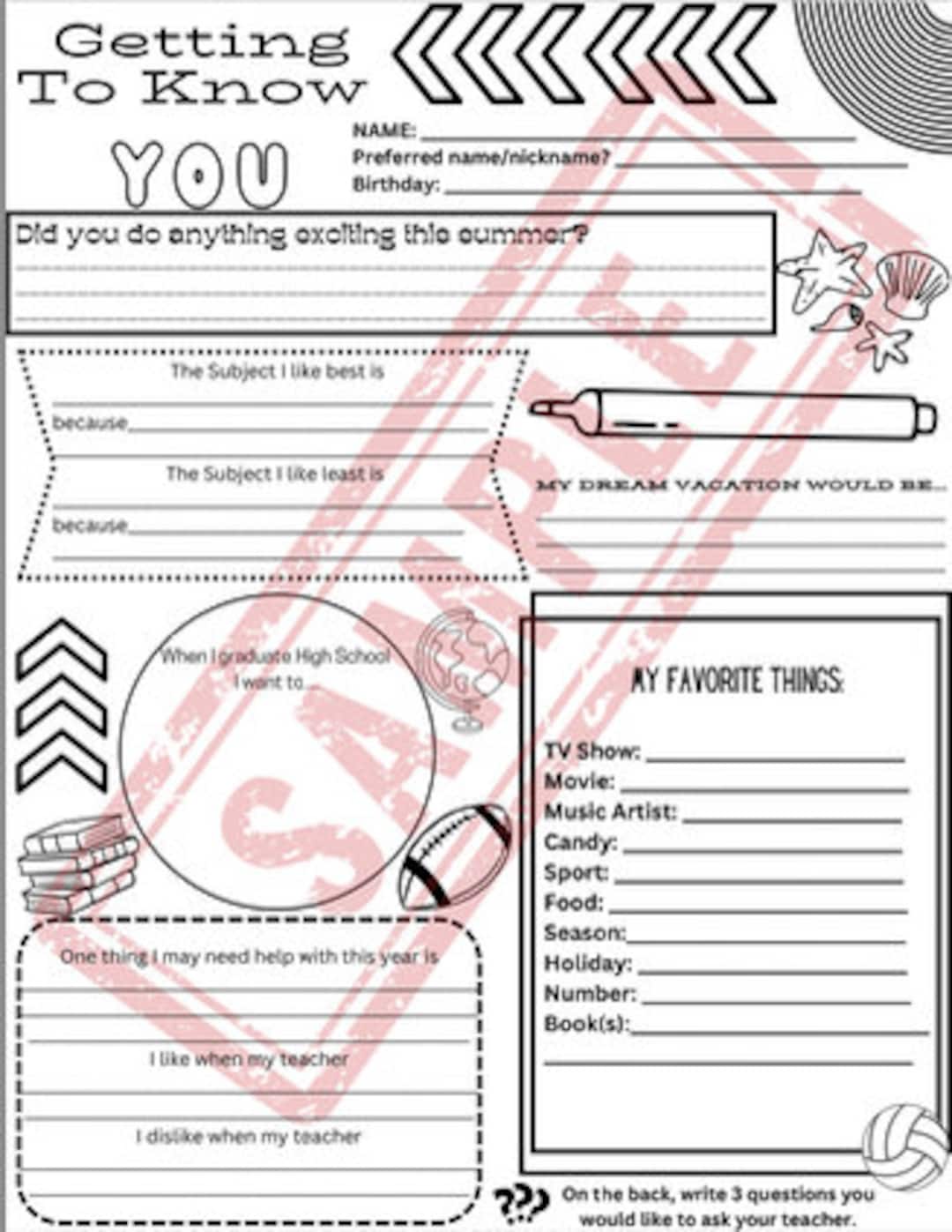 Back to School Get to Know You Download for Teachers, Student Get to ...