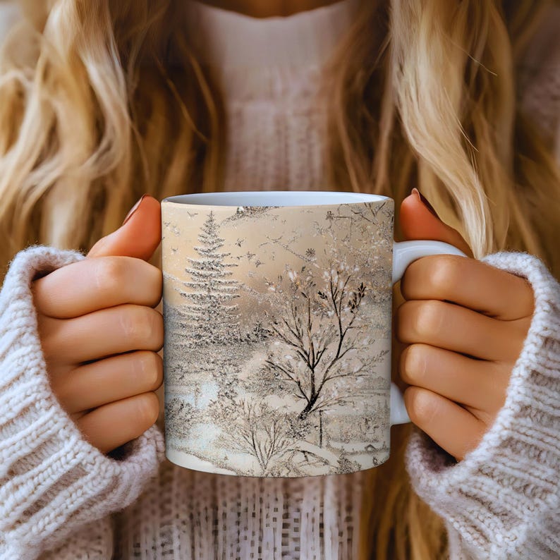 Winter Landscape Coffee Mug – Beige Glitter Effect Snow Scene, Cozy ...