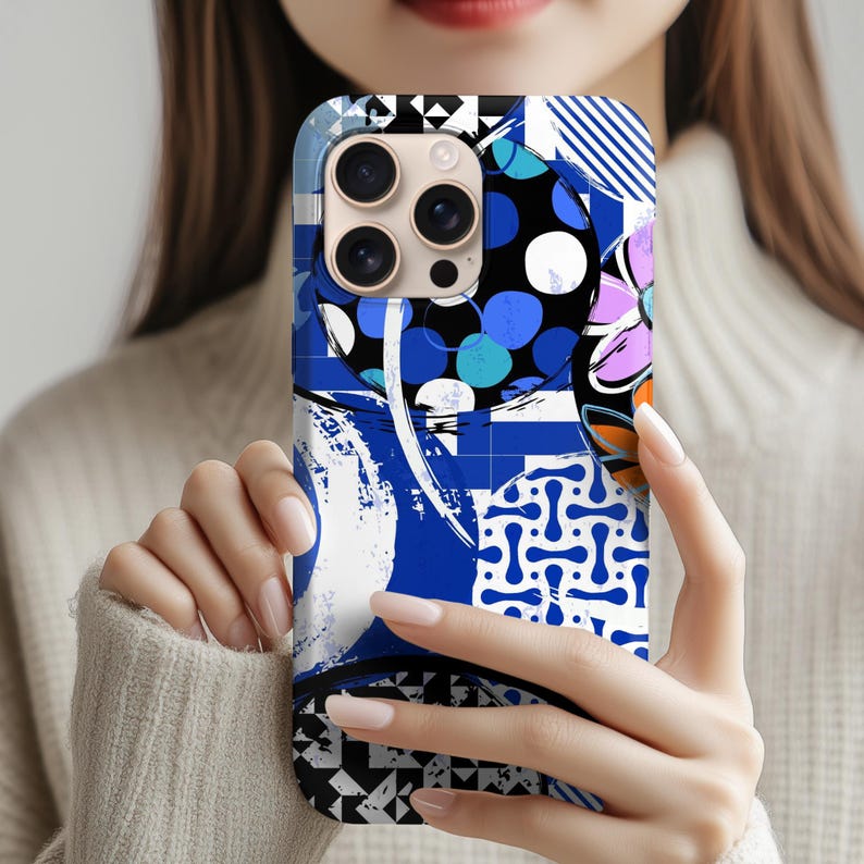 Blue Geometric Phone Case Modern Abstract Shapes iPhone Case 16 15 ...