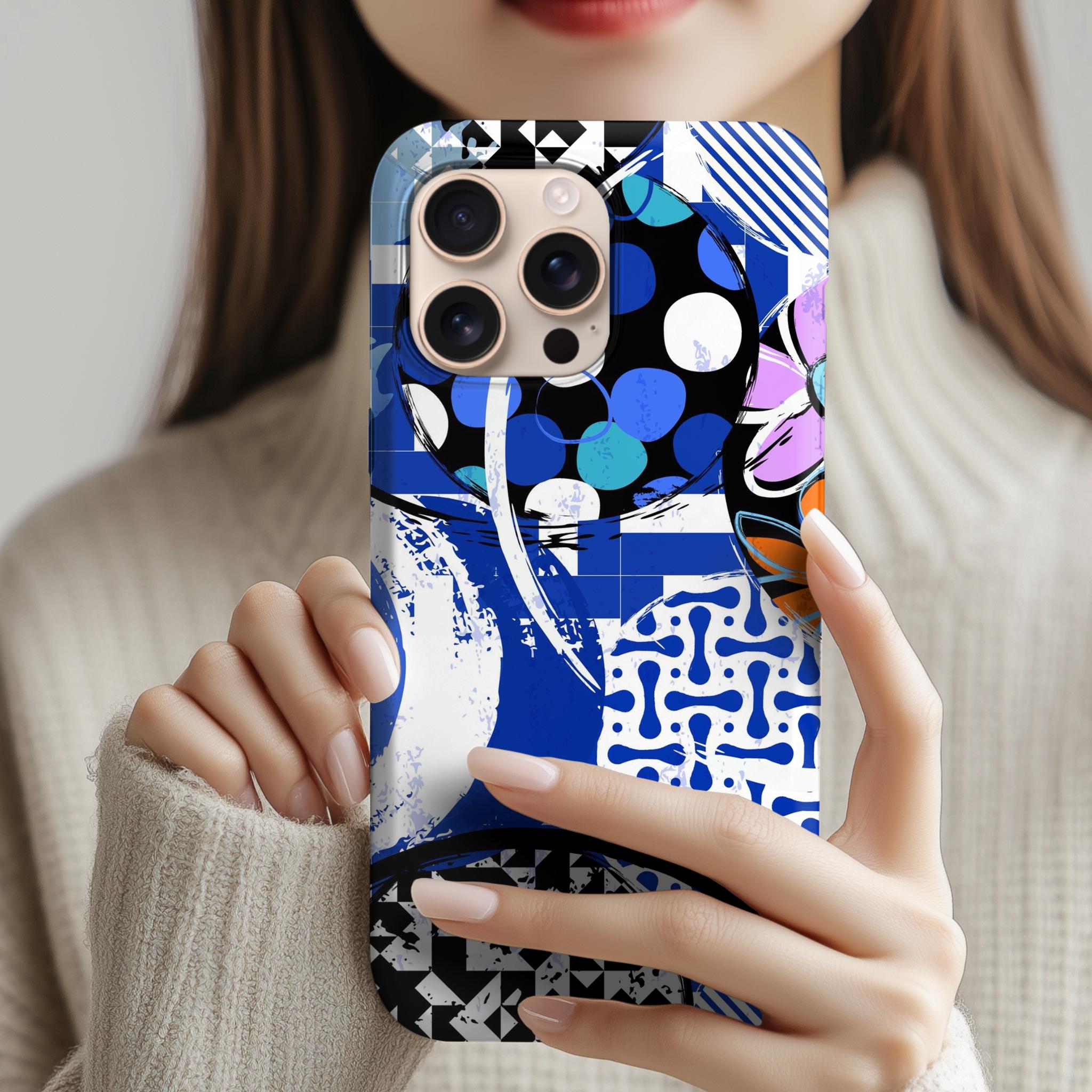 Blue Geometric Phone Case Modern Abstract Shapes iPhone Case 16 15 ...