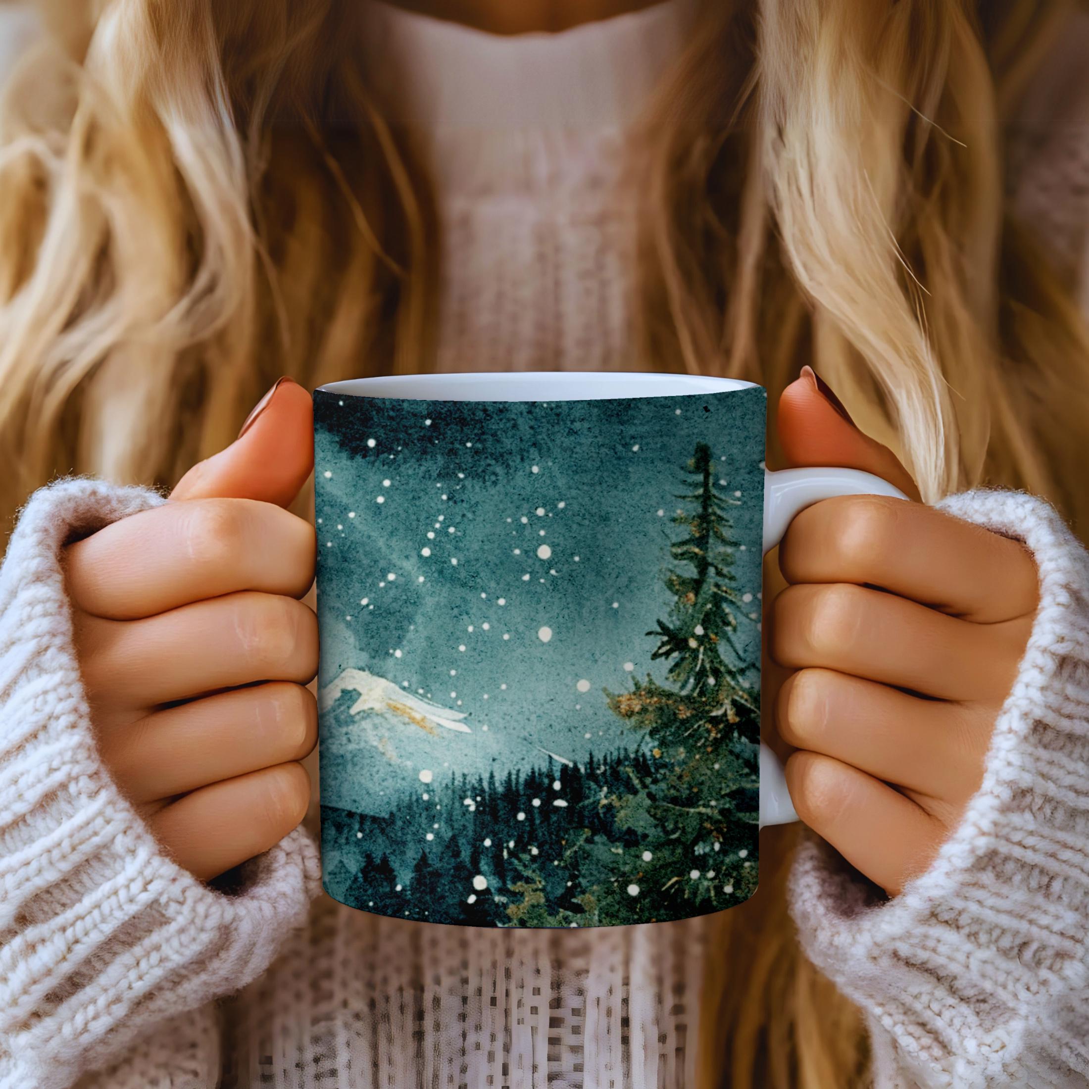 Winter Watercolor Mountain Forest Mug, Snowy Landscape Christmas Coffee ...