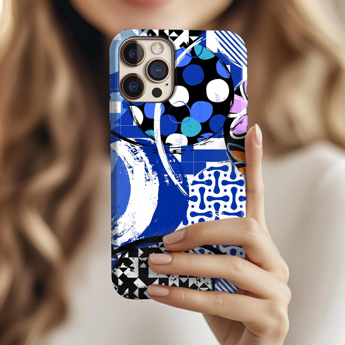 Blue Geometric Phone Case Modern Abstract Shapes iPhone Case 16 15 ...