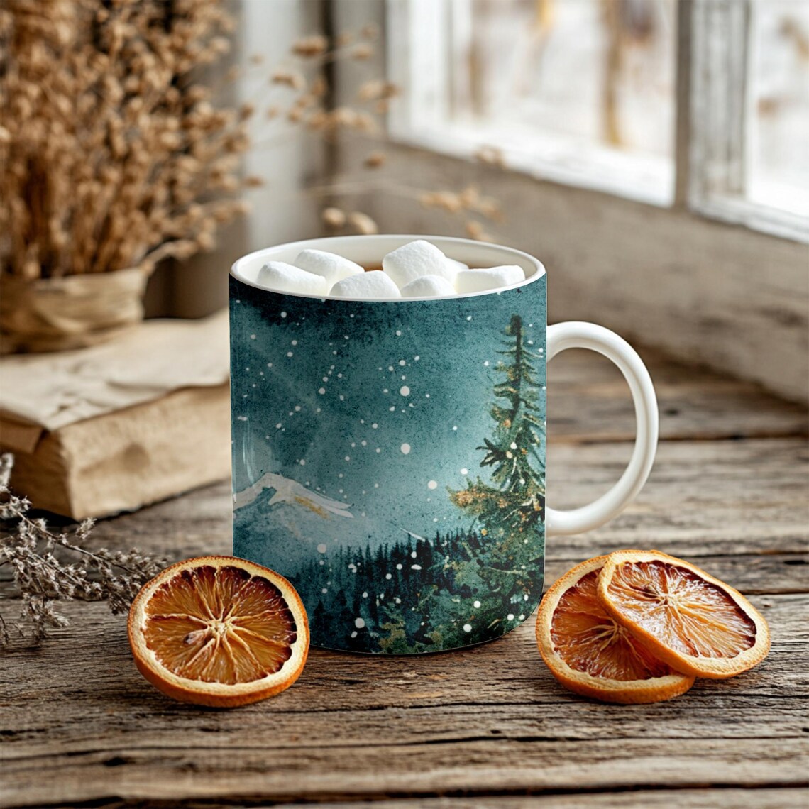 Winter Watercolor Mountain Forest Mug, Snowy Landscape Christmas Coffee ...
